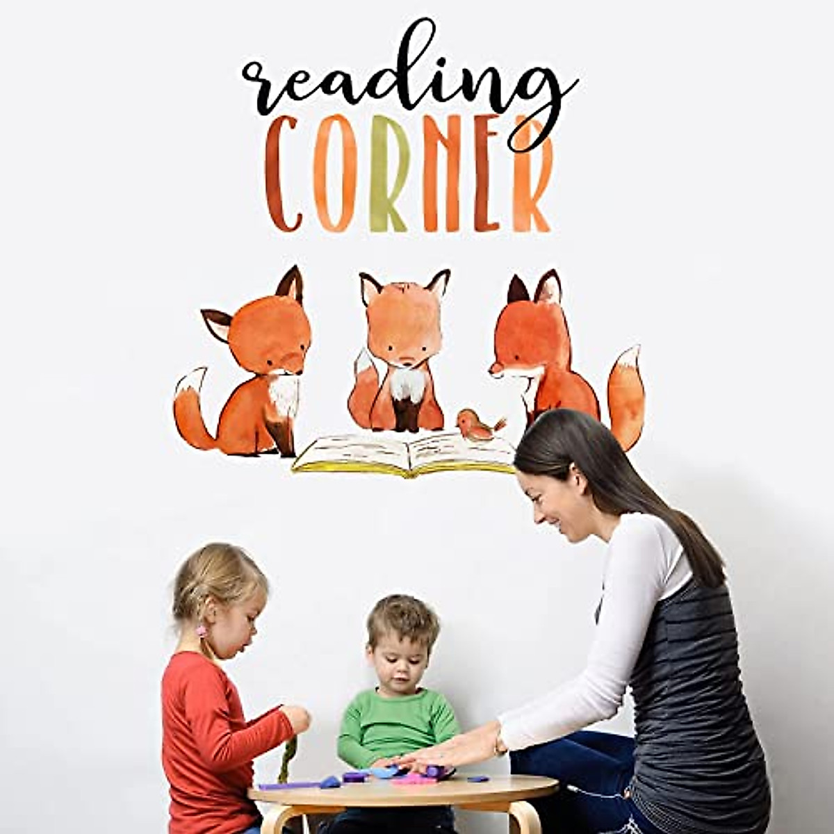 Mfault Foxes Reading Corner Baby Boys Girls Wall Decals Stickers, Removable Woodland Animals Read Books Nursery Playroom Decorations Bedroom Classroom Art, Bird Kids Library Toddler Room Decor