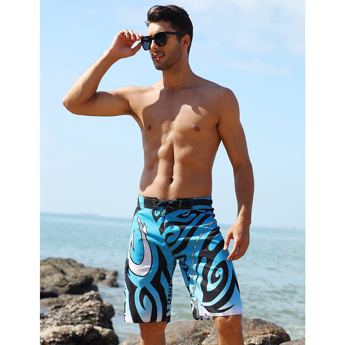 Nonwe Men's Quick Dry Wave Pattern with Mesh Lining Swim Trunks 1610820-30