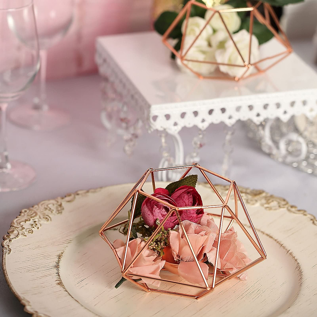 TABLECLOTHSFACTORY Set of 2 Rose Gold Metal Hexagon Top Geometrical Tealight Candle Holders Flower Vase - 4"|3"