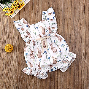 Lamuusaa Infant Baby Girls Easter Bunny Romper Ruffled Sleeveless Bodysuit One-Piece Jumpsuit Shorts Summer Outfits 3-18M (White, 9-12M)