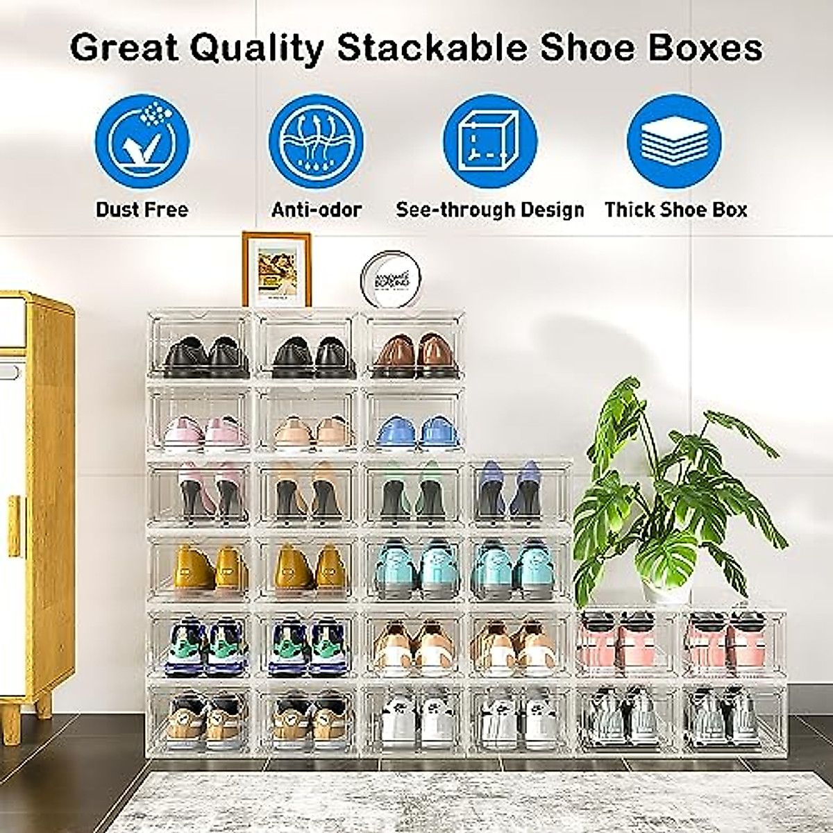 Mitees 10 Pack XX Large Thicken Sturdy Hard Plastic Clear Stackable Shoe Storage Boxes for Size 12, Sneaker Shoe Rack Containers Holders Bins Display Case Organizer for Closet, Red Clear