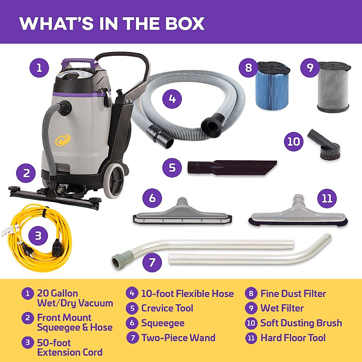 ProTeam Wet Dry Vacuums, ProGuard 20, 20-Gallon Commercial Wet Dry Vacuum Cleaner with Tool Kit and Front Mount Squeegee