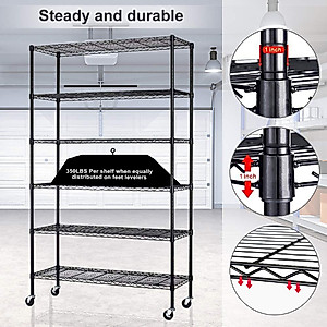 6 Tier Wire Shelving Unit Rack NSF Heavy Duty Height Adjustable Storage Shelf Metal Shelving with Wheels/Feet Levelers Garage Rack Kitchen Rack Office Rack Commercial Shelving - Black - 18x48x82