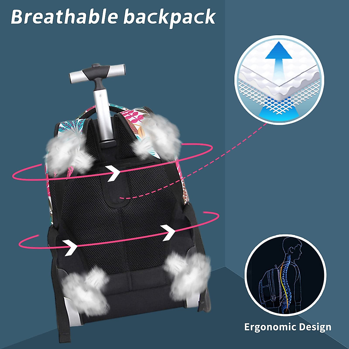 2022 Rolling Backpack for Kids Adults, 18" Waterproof Backpack with Wheels for Girls Boys, Roller Bookbags for School Travel, Age 7+, White Flower