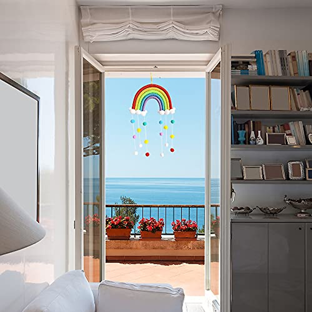 Rainbow Hanging Decoration, Macrame Tapestry Wall Hanging with Felt Ball, Handmade Braided Cords Pom-Pom,Mobile,Children’s Room Bedroom Nursery Decor-Red