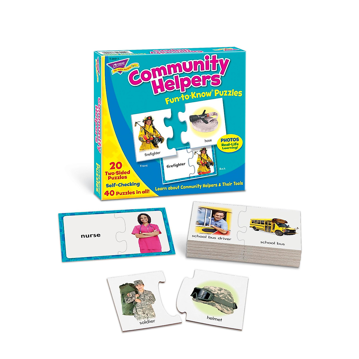 Trend Enterprises: Fun-to-Know Puzzles: Community Helpers, Learn About Community Helpers & Their Tools, 20 Two-Sided Puzzles, Self-Checking, 40 Puzzles Total, for Ages 3 and Up