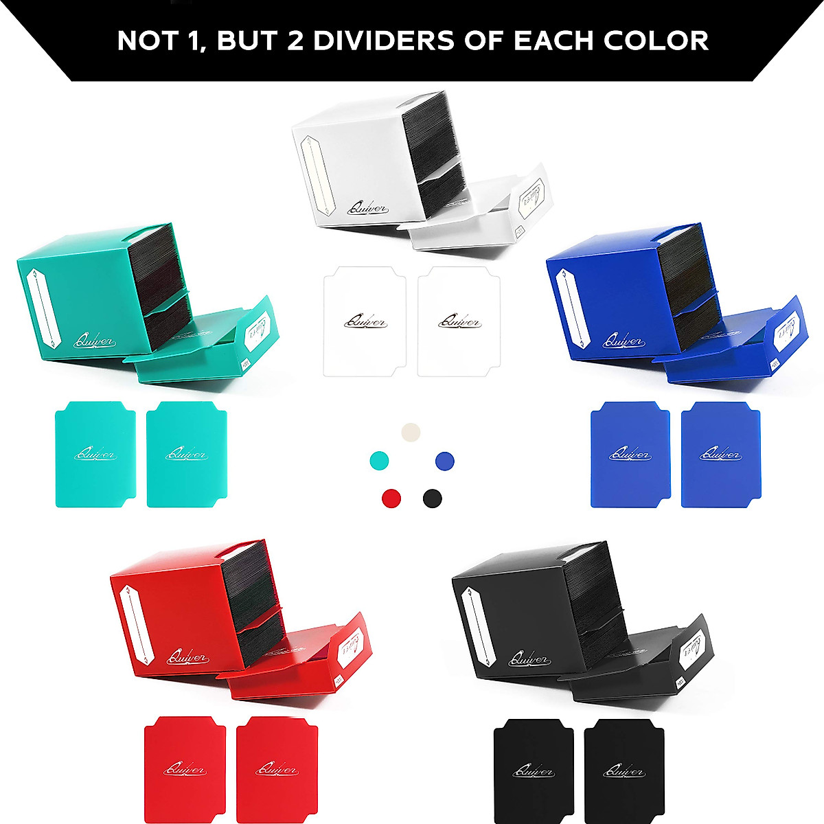 Quiver Time 100+ Standard Deck Blocks with 2 Dividers/Card Deck Box - Set of 5 MTG Deck Box - Compatible with Magic Commander, Yugioh & other TCG cards - (White, Black, Blue, Red & Green)