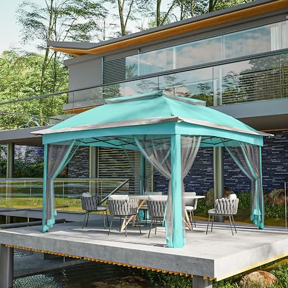 Joyside 11'x11' Pop Up Gazebo for Patios Gazebo Canopy Tent with Sidewalls Outdoor Gazebo with Mosquito Netting Pop Up Canopy Shelter Wedding Tent with Aqua Shade(Aqua Blue)