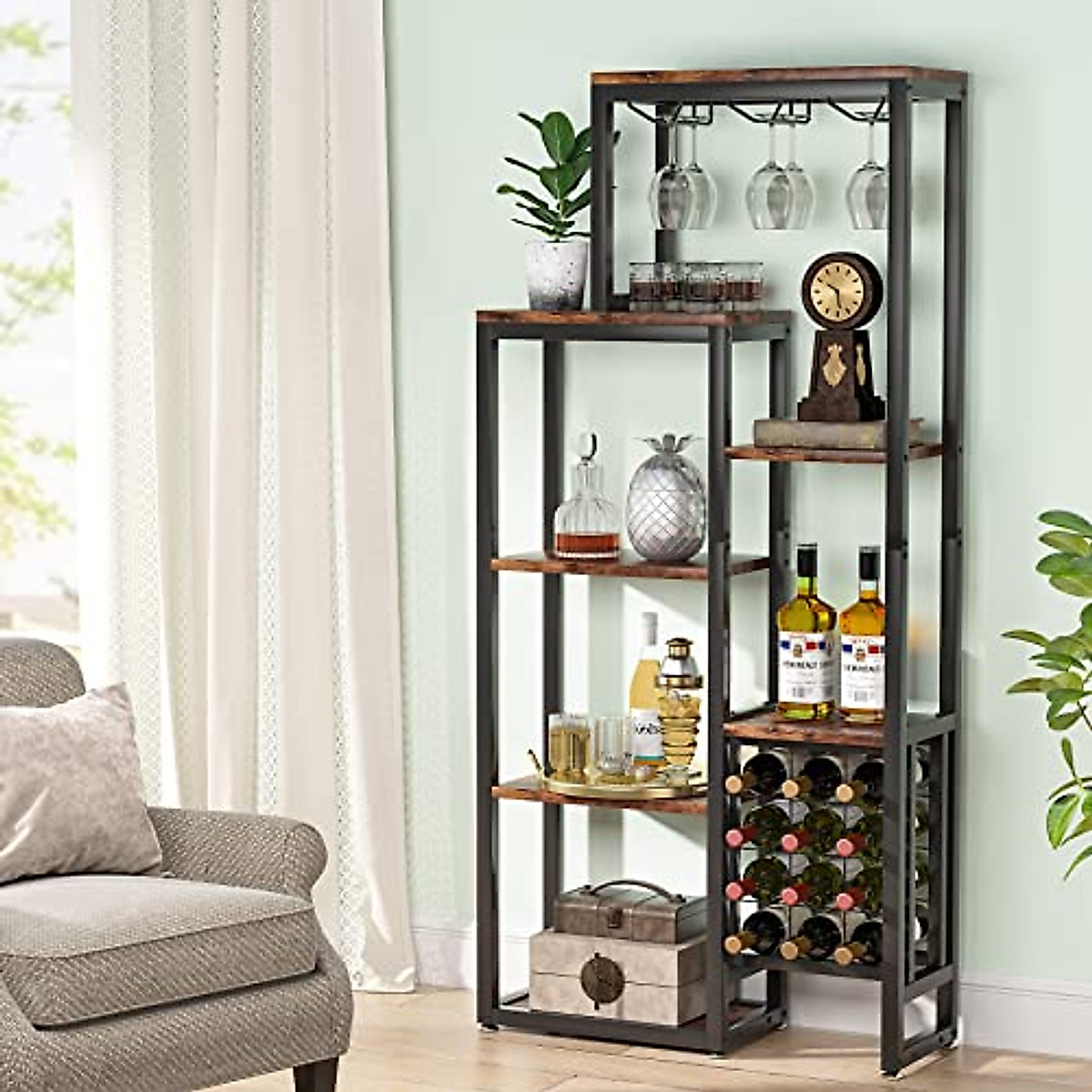 LITTLE TREE Wine Rack Freestanding Floor, 5-Tier Wine Baker Rack Wine Display Shelf with Glass Holder & Wine Storage for Bar, Kitchen, Dining Room, Rustic Brown