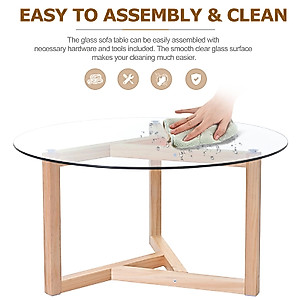 Round Accent Coffee Table, Modern Cocktail Table with Tempered Glass Top and Sturdy Wood Base, Sofa End Table Center Table for Living Room, Office, Small Spaces, Easy to Assemble, Natural