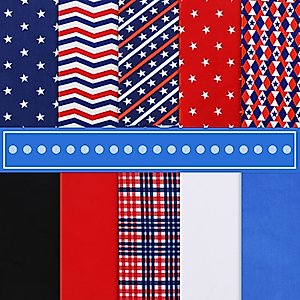 Whaline 10Pcs Patriotic Cotton Fabric Bundles Red Blue White Plaid Stripe Star Printed Fat Quarters Quilting Patchwork Squares Sewing Fabrics for DIY Handmade Crafting Home Party Decor, 10 x 10 Inch