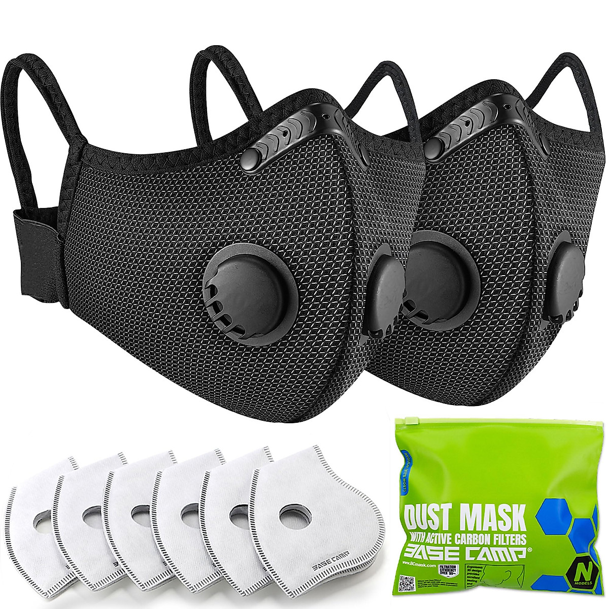 BASE CAMP Upgrade M Plus Mesh Silver and Black Dust Mask, Breathable Reusable Dust Face Mask with Valves and 6 Activated Carbon Filters (2 Silver)