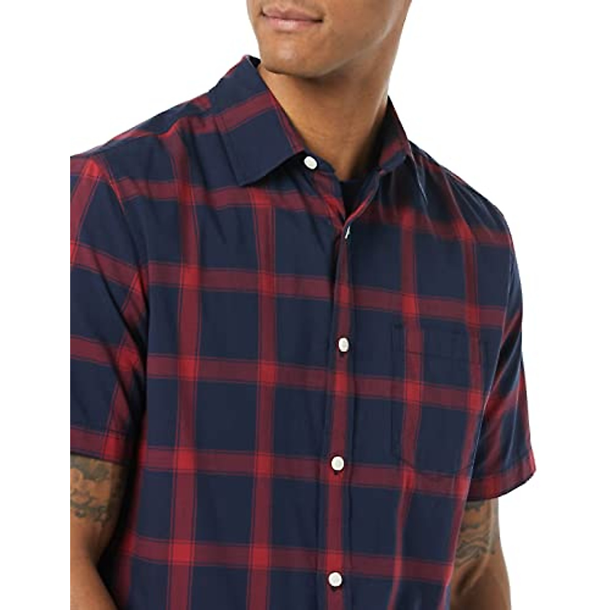 Amazon Essentials Men's Short-Sleeve Stretch Poplin Shirt (Available in Big & Tall), Navy Red Buffalo Plaid, Medium