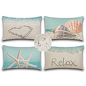 OTOSTAR Pack of 4 Outdoor Waterproof Decorative Pillow Covers Garden Throw Pillow Covers 12x20 Inch Patio Cushion Case Pillowcase Indoor Pillows Shell for Sofa Couch Tent Park Home Decor (Beach)
