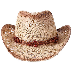 Lanzom Womens Straw Beach Sun Hat Packable Summer Cowboy Straw Hats with Wind Lanyard (US, Alpha, Medium, Brown Beads-Tea Stain)