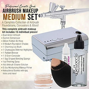 Belloccio Professional Beauty Airbrush Cosmetic Makeup System with 4 Medium Shades of Foundation in 1/4 Ounce Bottles - Kit Includes Blush, Bronzer and Highlighters