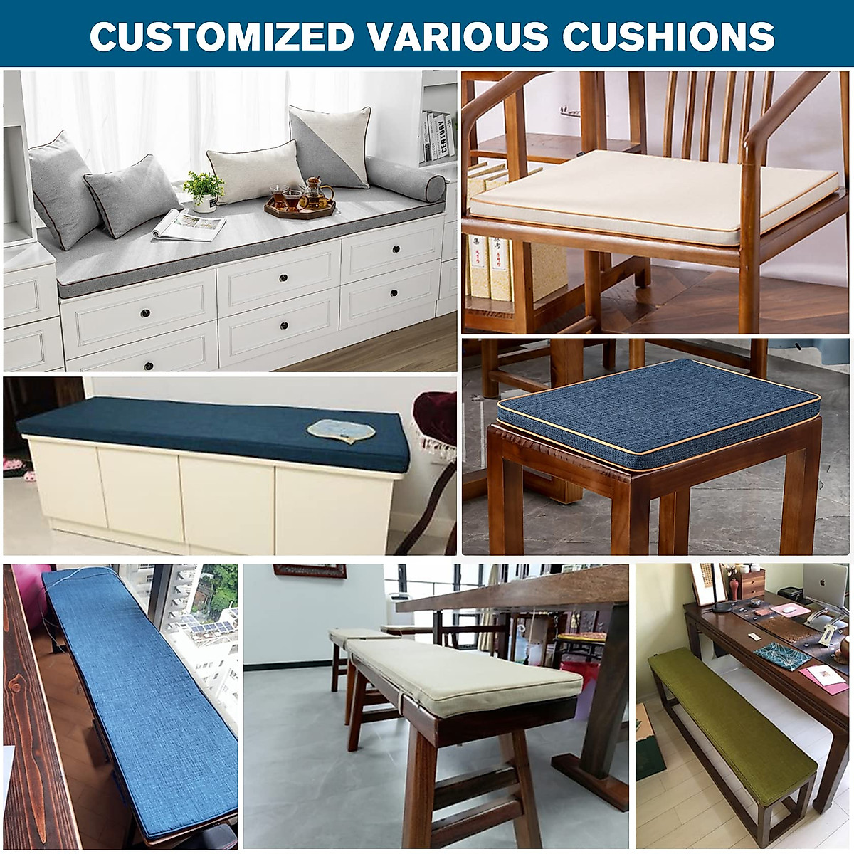 SXROMDA Cushion Custom Size for Bench, Customize Cushion for Indoor Outdoor Patio Furniture Window Seat, linen Cover with Zipper and 45D High-Resilience Foam Insert (Custom Sizes, Beige)