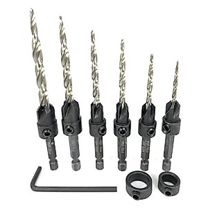 FTG USA Wood Countersink Drill Bit Set 6 Sizes Set with 6 Storage Containers for Countersink HSS M2 Tapered Drill Bits, Quick Change Hex Shank Countersink bit, 2 Stop Collar, 1 Allen Wrench