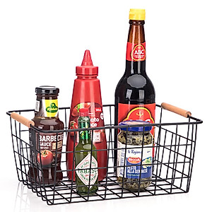 LeleCAT Wire Baskets with Wooden Handles, Wire Storage Organizer Baskets , Household Refrigerator for Cabinets, Pantry, Closets, Bedrooms - Set of 4（Black