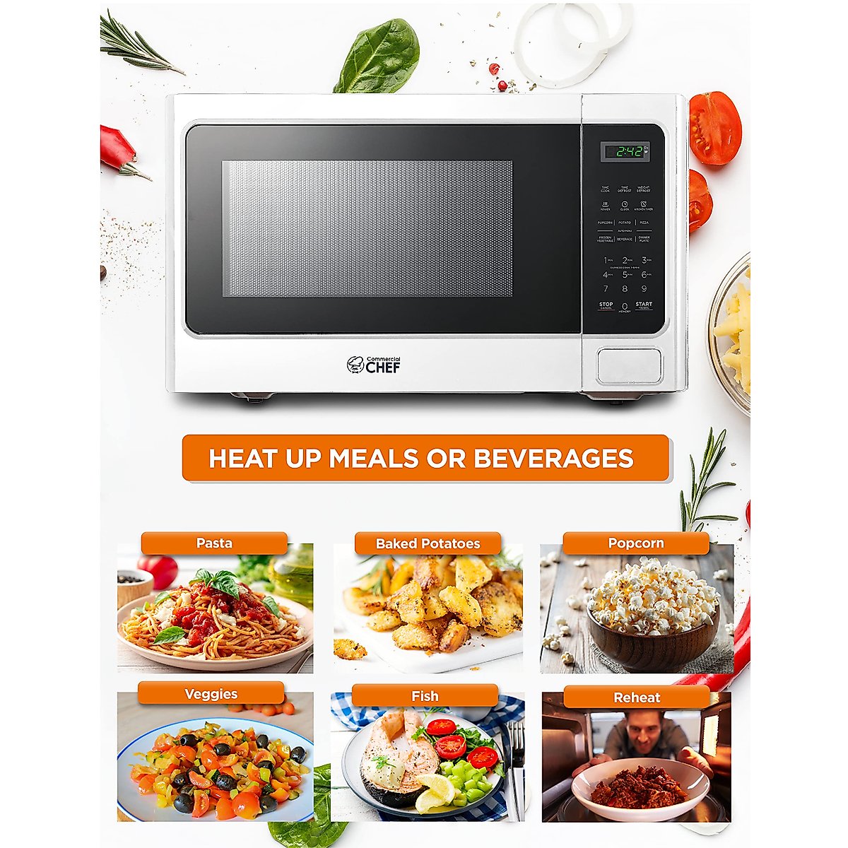 COMMERCIAL CHEF Microwave 1.3 Cu Ft with 10 Power Levels, Microwave with Push Button Door Lock, 1000W Countertop Microwave with Timer and Digital Controls, White