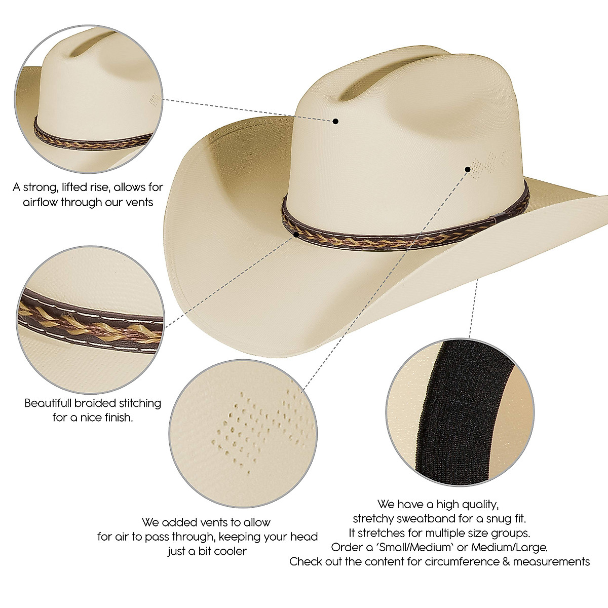 Enimay Western Cowboy & Cowgirl Hat Pinch Front Wide Brim Style (Large | X-Large, Classic Sand)