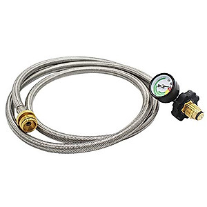 MENSI Update New Braided Propane Hose with Temperature Pressure Gauge Convert 1lb Portable Appliances to 5-40lb Tank Cylinder (POL CGA Type for 50-100lbs Cylinder)