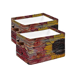 Storage Basket Retro Floral Yellow Sunflower Storage Bins Decorative Rose Wood Grain Foldable Baskets for Toys Decorative Baskets for Closet Nursery