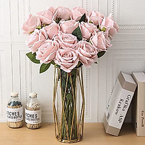 Cloudecor 15Pcs Artificial Roses Velet Real Touch Single Stem Fake Roses Silk Realistic Bouquet Flowers Arrangements Home Office Garden Grave Party Wedding Decoration(Light Pink-15p, Blossom Roses)