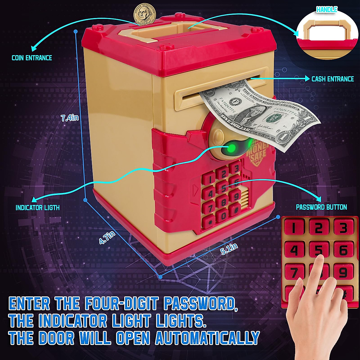 Cargooy Mini ATM Piggy Bank ATM Machine Best Gift for Kids,Electronic Code Piggy Bank Money Counter Safe Box Coin Bank for Boys Girls Password Lock Case