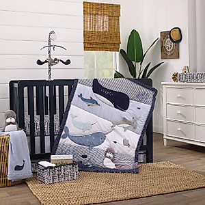 NoJo Seas The Day Blue and White Whale, Narwhal, Sea Lion, Shark 4 Piece Crib Bedding Set - Comforter, 100% Cotton Fitted Crib Sheet, Crib Skirt, and Storage