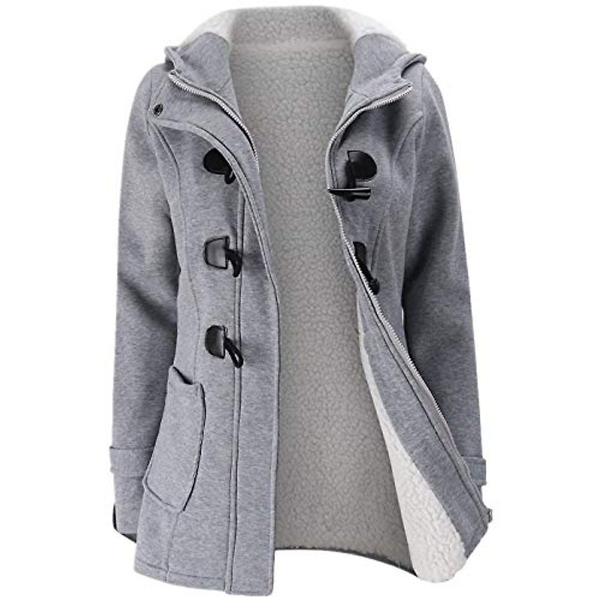 JiangWu Womens Fashion Horn Button Fleece Thicken Coat with Hood Winter Warm Jacket (Large, Light-gray)
