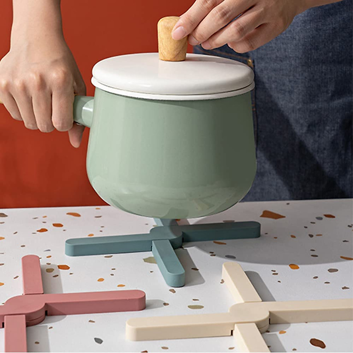 3 Packs Folding Silicone Trivet Non-Slip Heat Resistant Kitchen Pot Holder Pads Placemats Pot Holders for Hot Pots/Cups/Plates/Bowls (Grey,Green,Yellow)