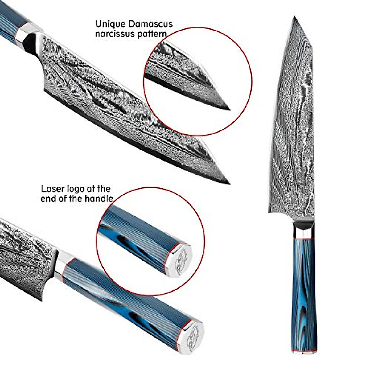 Knife Block Set 9 Pcs Japanese Aus-10 Damascus Steel Chef Knives Set High Carbon Core Stainless Steel Full Tang Chef Knife Set Blue G10 Home Kitchen Professional Knife Block Sets (Blue Round Handel)