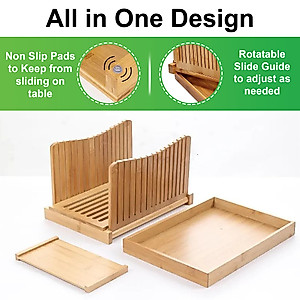 OMDS Luxury Bamboo Bread Slicer with Knife - 3 Slice Thickness, Foldable Compact Cutting Guide with Crumb Tray, Stainless Steel Bread Knife for Homemade Bread, Cake