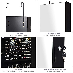Giantex Wall Door Mounted Jewelry Armoire Cabinet with 47.5" H Full Length Mirror, 2 LEDs Lockable Jewelry Organizer Box with Bracelet Rod, 2 Drawers, Large Storage Capacity (Black)