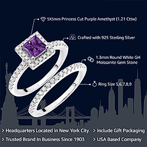 Gem Stone King 925 Sterling Silver Purple Amethyst and Moissanite Women Wedding Engagement Ring Band Bridal Set (1.21 Cttw, Princess Cut 5MM, Available in size 5, 6, 7, 8, 9)