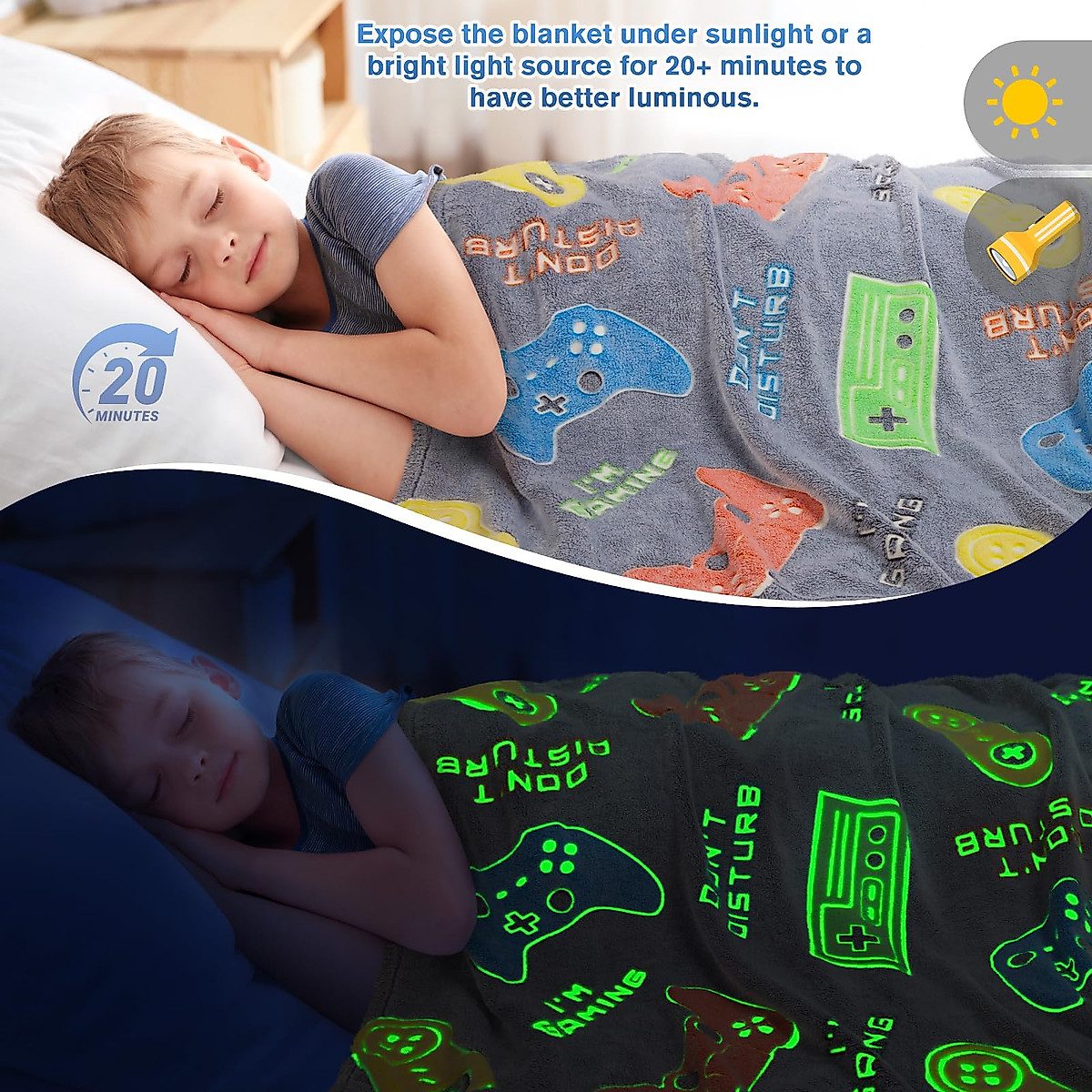 Gaming Blanket Toys Gifts for Boys - Glow in The Dark Game Controller Throw for Kids Age 1-14 Year Old Child Toddler Teen Birthday Christmas Valentine's Day Easter Presents Gamer Room Decor 50"x60"