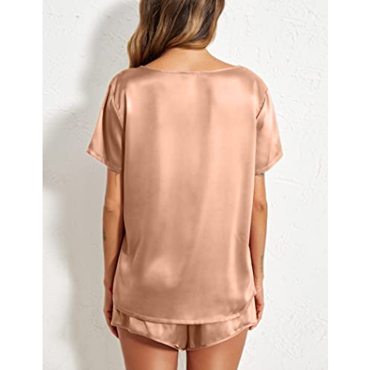 Ekouaer Women's Soft Satin Sleepwear Plus Size Silk Nightwear Classic Short Sleeve Two Piece Pajama Set (Rose Pink,XXL)