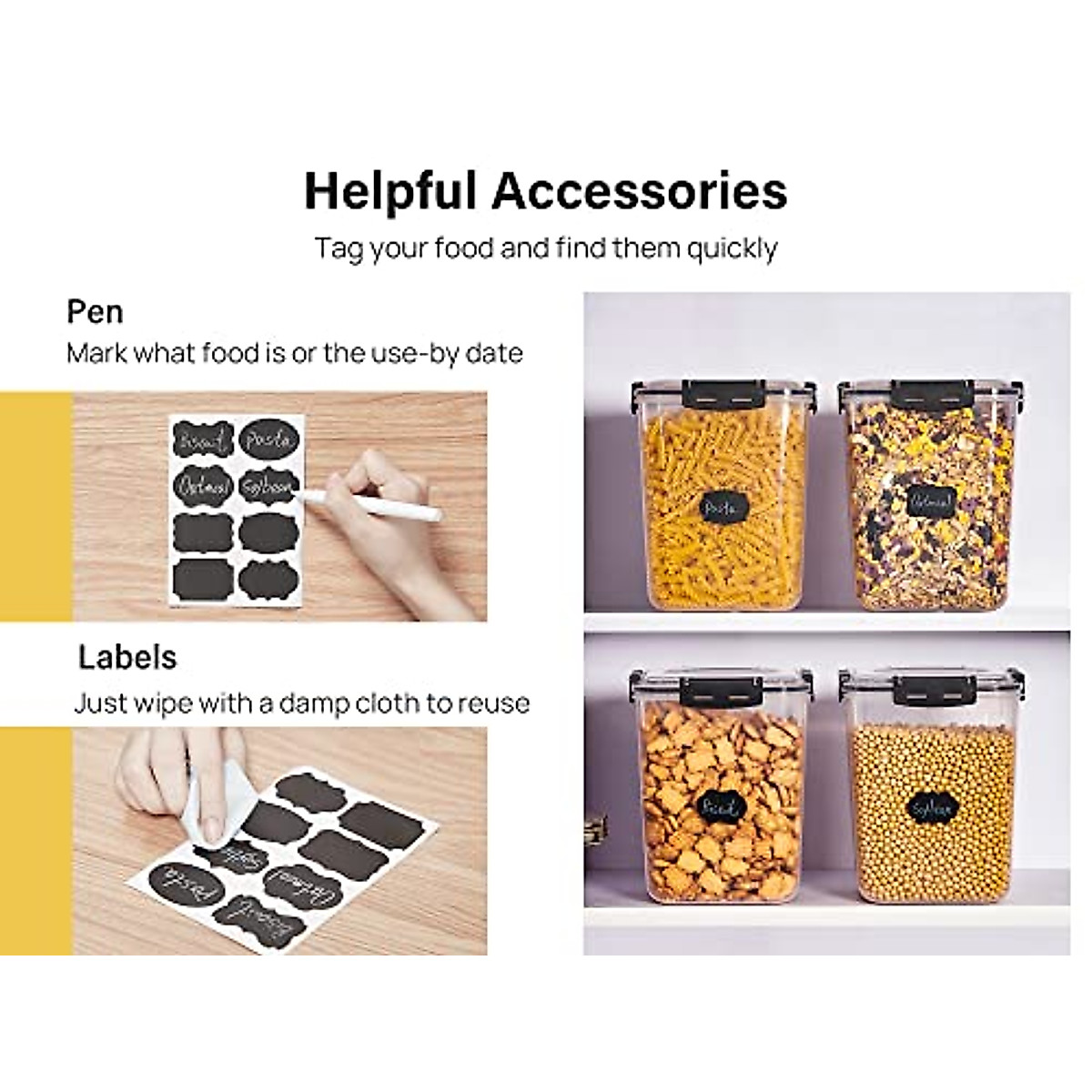 Kootek 5.3L(179Oz) Cereal Containers Storage with Lid for Pantry Organization and Storage, 4pcs Large Airtight Food Storage Containers for Cereal, Flour and Sugar with Pen, Labels, Measuring Spoon