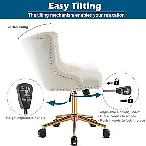 VINGLI White Teddy Fleece Armless Office Desk Chair with Gold Base/Wheels, Cute Vanity/Makeup Chair with Back for Bedroom, Upholstered Adjustable Rolling Swivel Nail Chair for Women/Girls