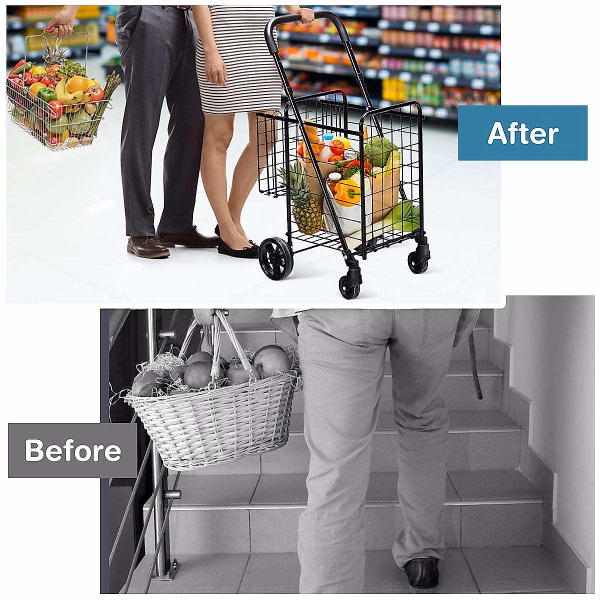 IRONMAX Grocery Shopping Cart, Foldable Heavy Duty Utility Cart w/Adjustable Handle, Extra Basket & 360° Rolling Swivel Wheels, Lightweight Trolley Cart for Grocery Laundry Luggage (Black)