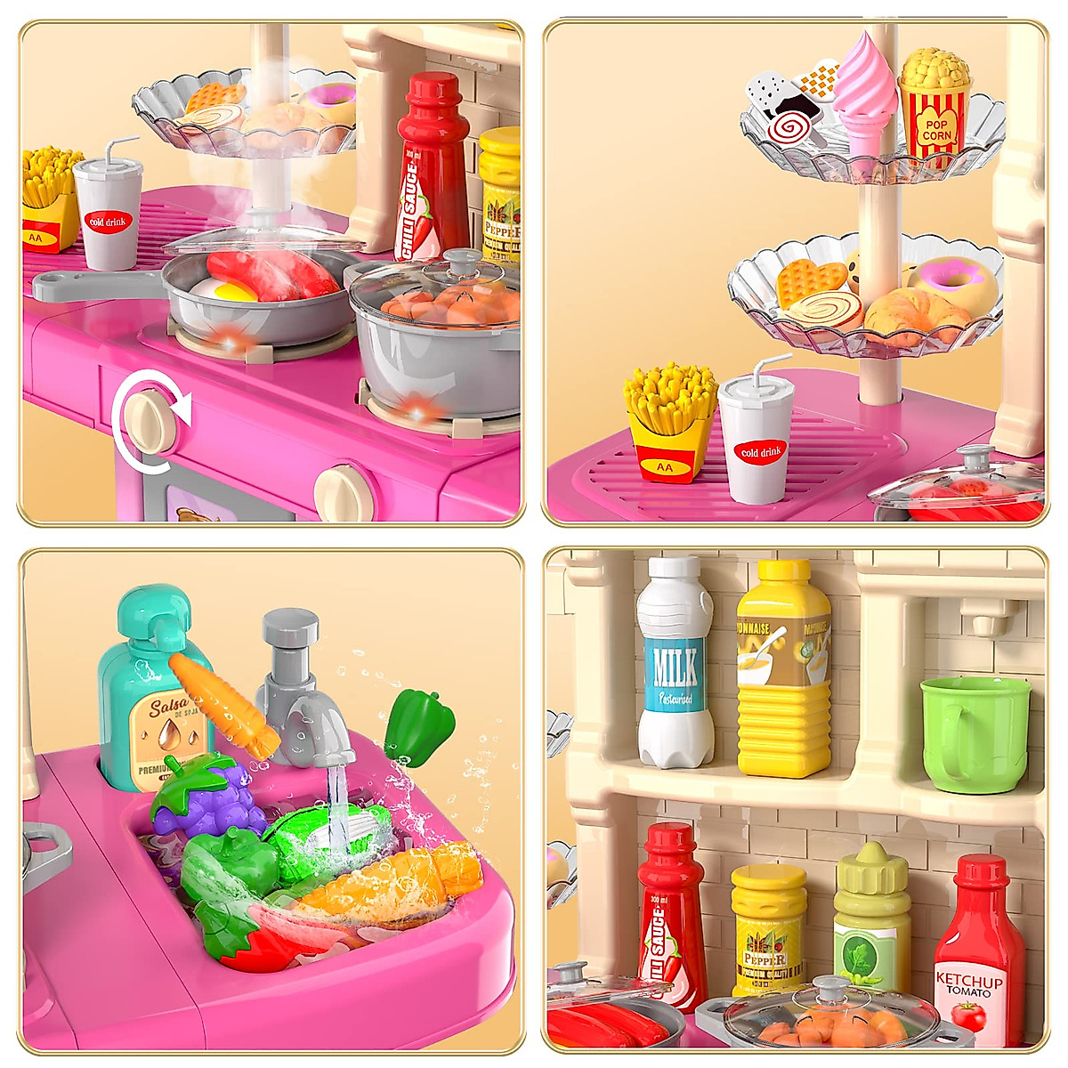 Kids Play Kitchen Playset for Toddlers Girls, Toy Kitchen Sets Pretend Play Food Toy with Chair for Girls Kids Ages 3-8, with Light Sound Spray