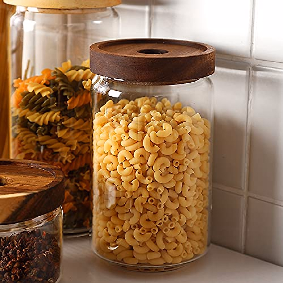 Bekith 3 Pack Glass Storage Containers with Airtight Seal Acacia Wood Lids, 31.6 FL OZ (950ml) Clear Glass Food Storage Jars for Kitchen, Glass Pantry Canister for Spaghetti Pasta, Coffee, Beans