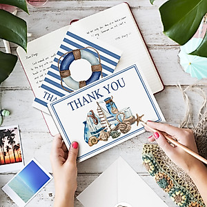 AnyDesign Cruise Staff Thank You Cards Set with Stickers Envelopes 24 Pack Blue Nautical Thank You Note Cards for Express Thanks to Ship Staff Birthday Baby Shower Party, 4 x 6 Inch