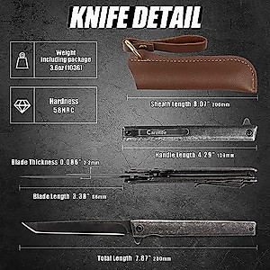 Carimee Pocket Knife with Pocket Clip, Sheath, D2 Steel Blade, Stonewashed Handle, EDC Gentleman Knife for Outdoor, Gift for Men LD02T