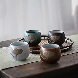 MQjzsh Chinese and Japanese teacups,Kung Fu tea cup set of four,gift box packaging，green tea cup, tea companion， rock-glazed gold painting, relief lotus pods (Four colour)