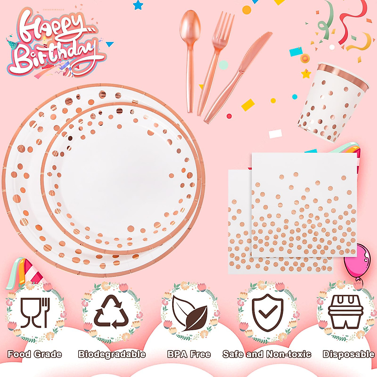 Supernal 350pcs Rose Gold Plates and Napkins Party Supplies,Happy Birthday Plates and Napkins,Rose Gold Paper Plates,Napkins,Cups,Rose Gold Plastic Forks,Knives,Spoons for Womens Birthday Decorations