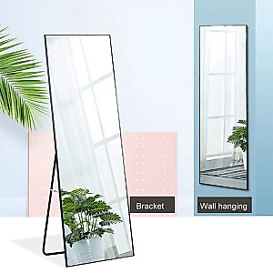 Black Full Length Floor Mirror with Stand for Bedroom and Bathroom Large Wall Hanging Mirror with Shatterproof for Living Room and Closet Aluminum Alloy Frame, Big Size, Free Standing, Gym Mirror