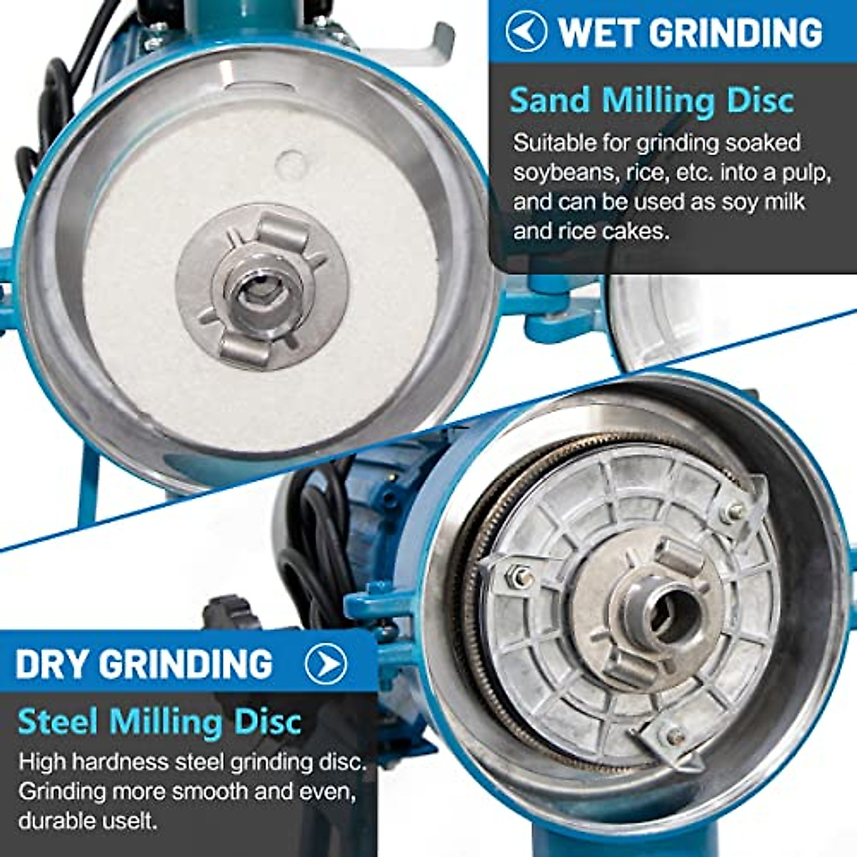 Electric Grinder, Woueniut High Power Adjustable Thickness Grain Mill Electric, Wet and Dry Powder Machine for Spices Seeds Herb Rice Corn (Wet and Dry)