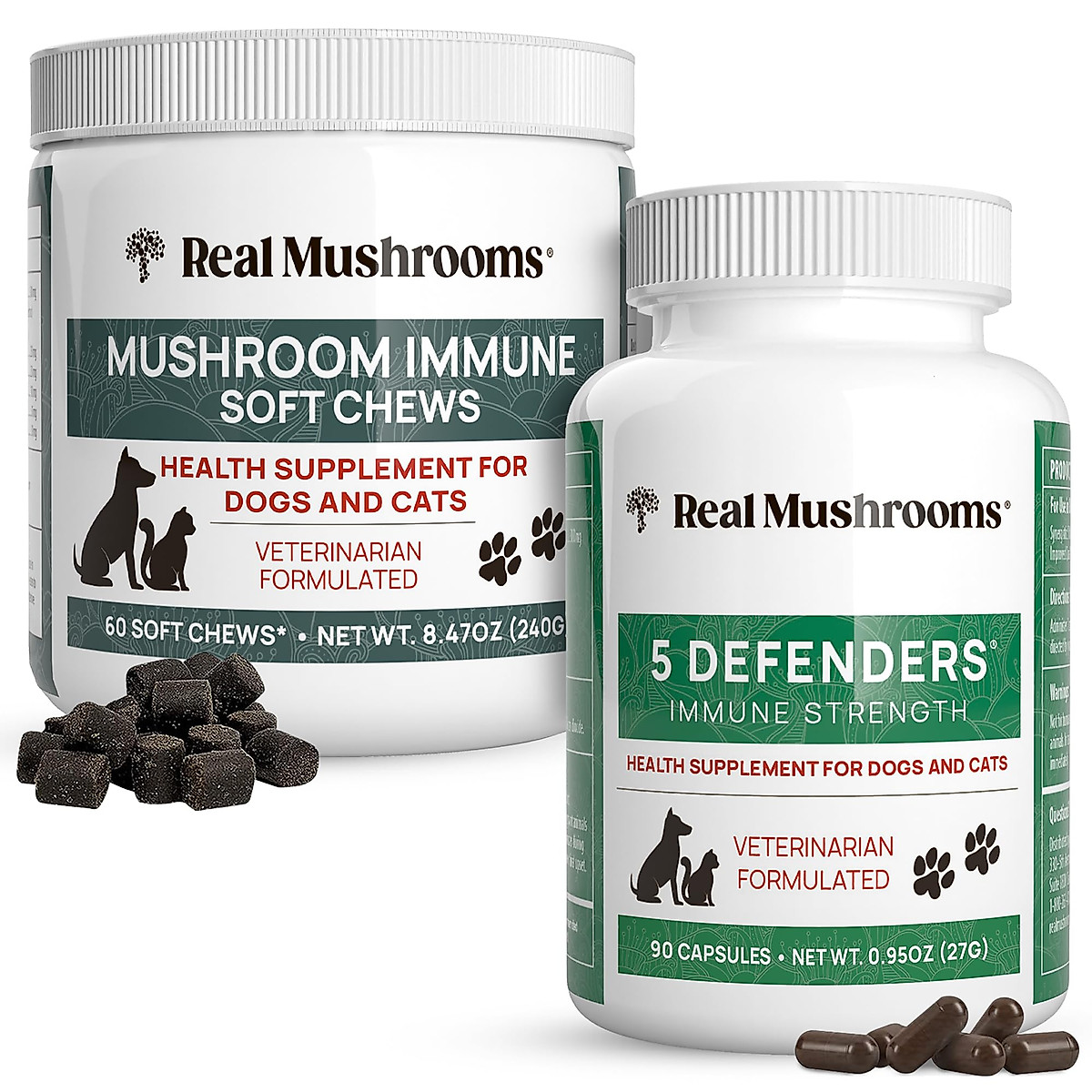 Real Mushrooms Immune Pet Chews (60ct) & 5 Defenders Pet Support (90ct) - Bundle for Immune Strength - Chaga, Shiitake, Reishi, Turkey Tail, Maitake, Ashwagandha, Astragalus & More - Vegan, Non-GMO